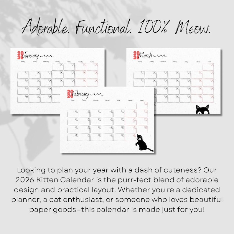 Kitten Cute Calendar | Printable Cute Cat Calendar | Minimalist Cat ...