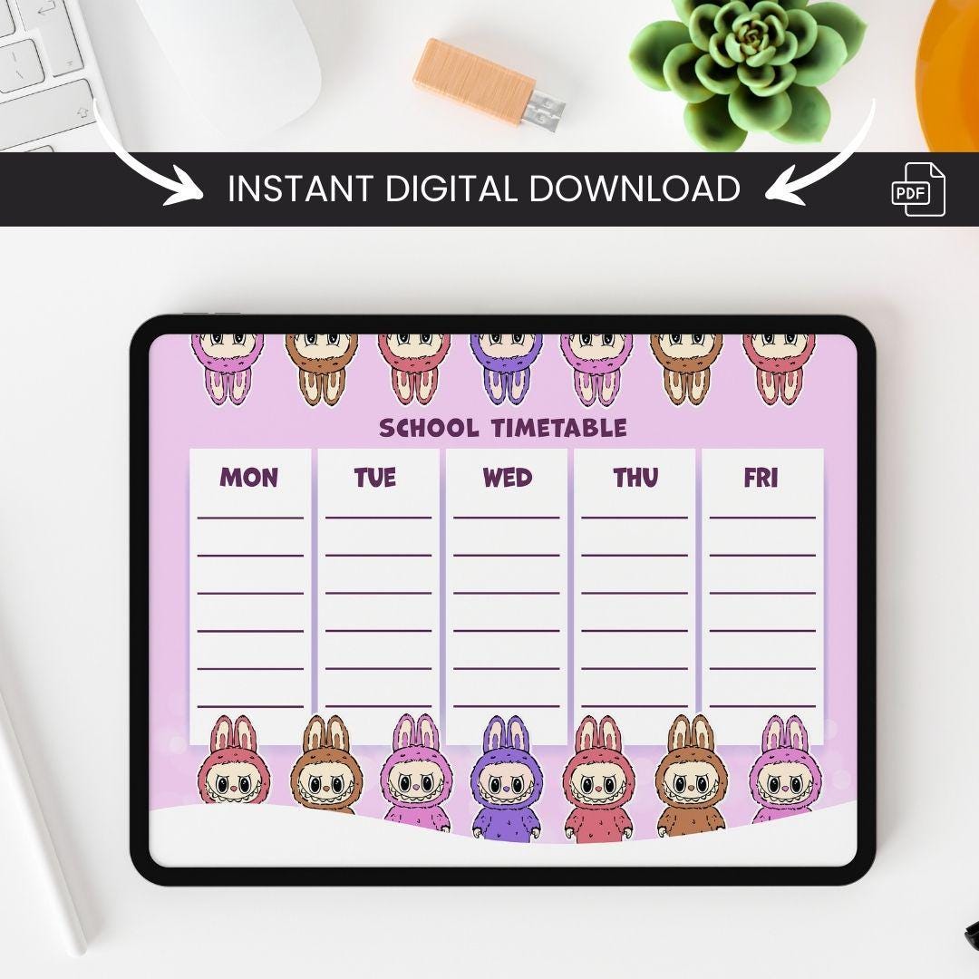 Pink Labubu School Timetable | Cute Bunny Weekly Planner | Printable ...