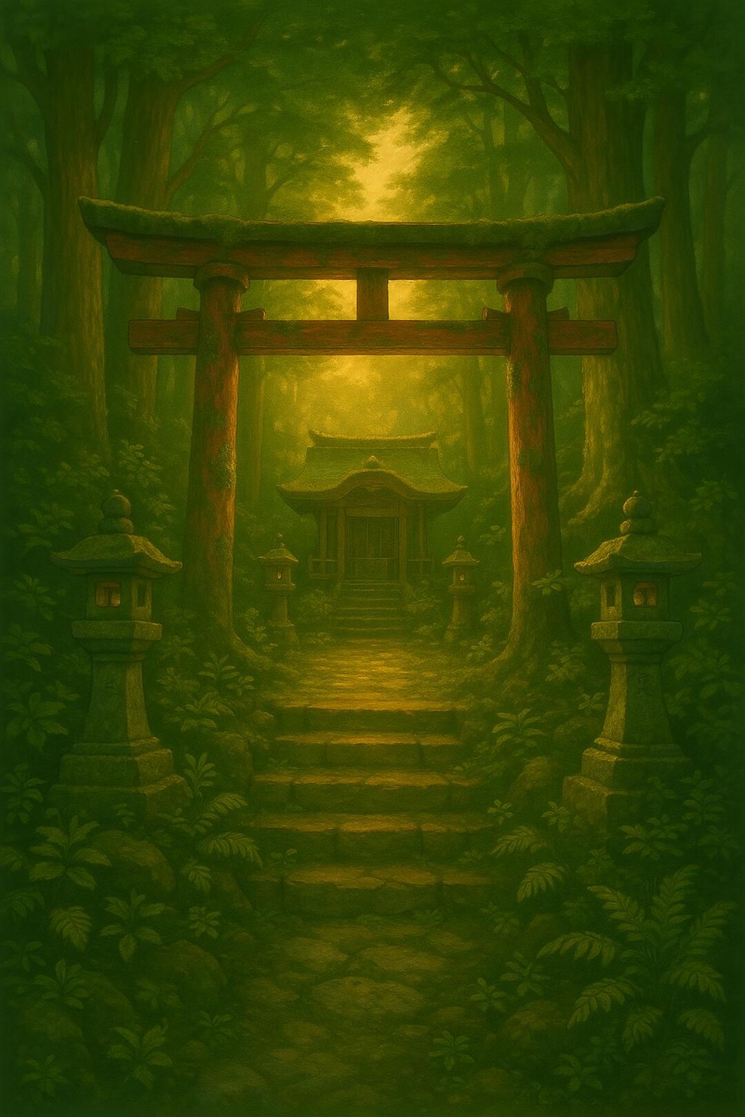 Ghibli Forest Shrine Art – Ancient Temple Printable, Mossy Woodland ...