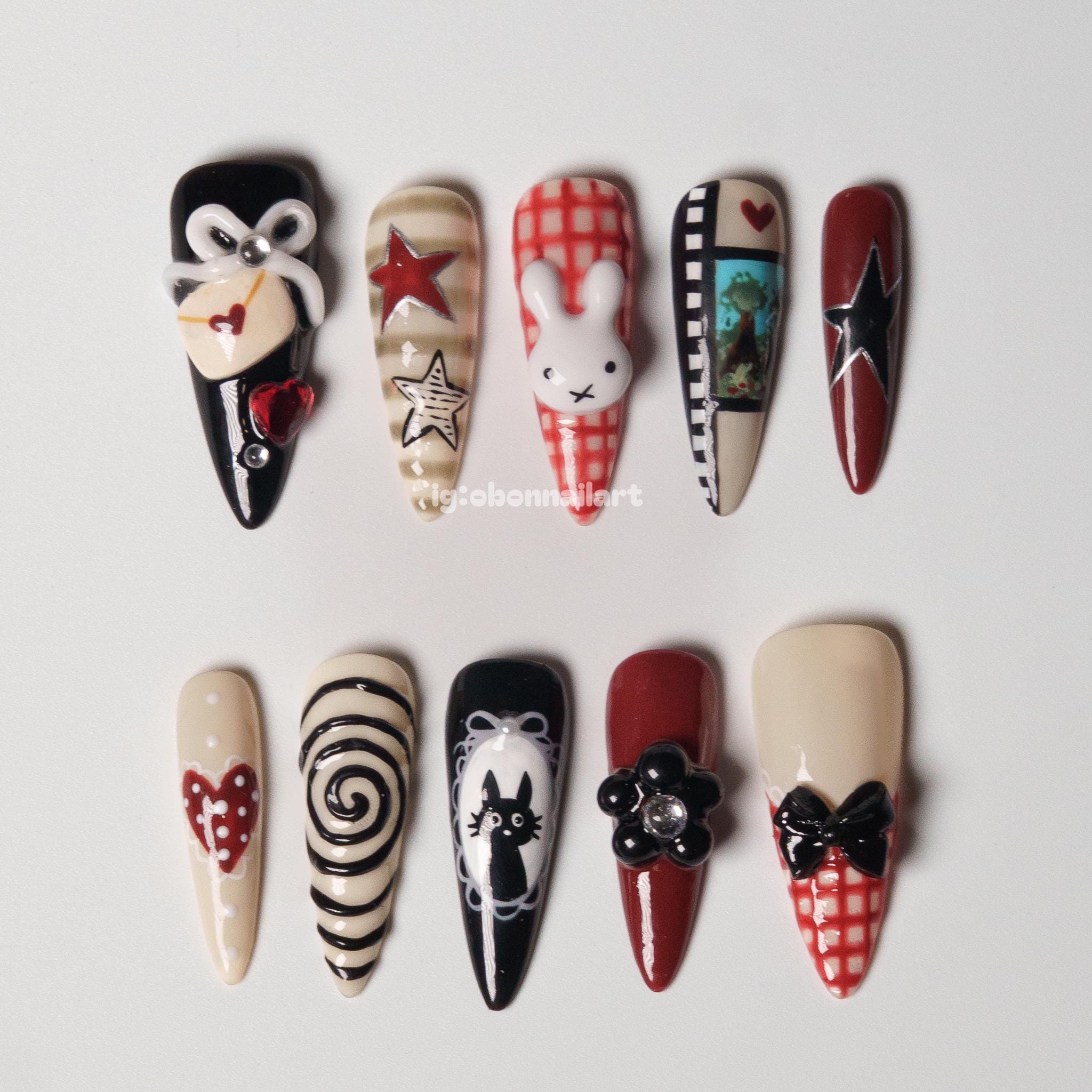 Gothic Cute Press on Nails, Star Bunny Cat Nail Art, Red Gingham Heart ...