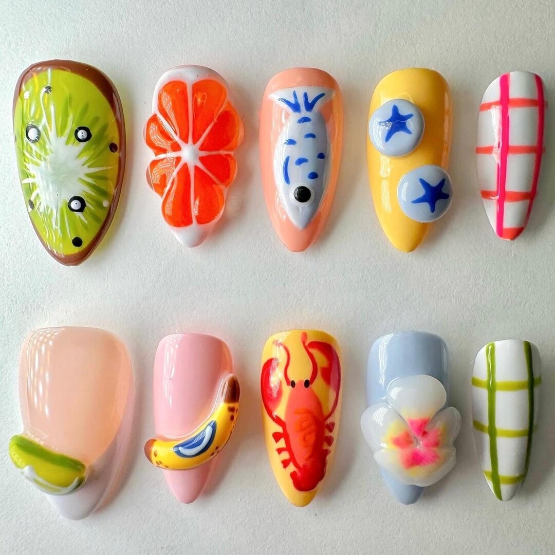 Seafood Picnic Press on Nails, Fruit & Fish Nail Art, Orange Kiwi Lime ...