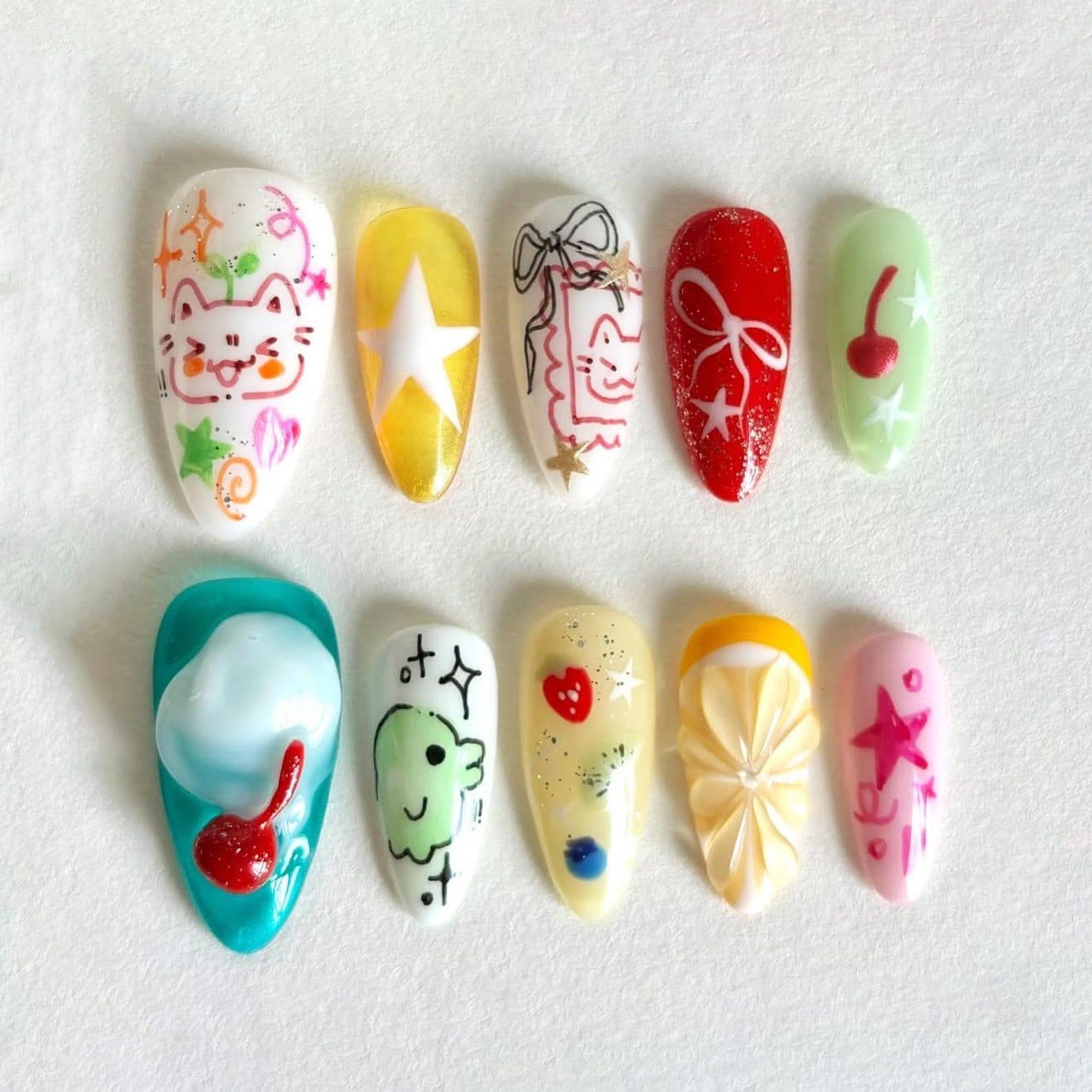 Pop Doodle Press on Nails, Kawaii Cat Star Lemon Nail Art, Colorful ...