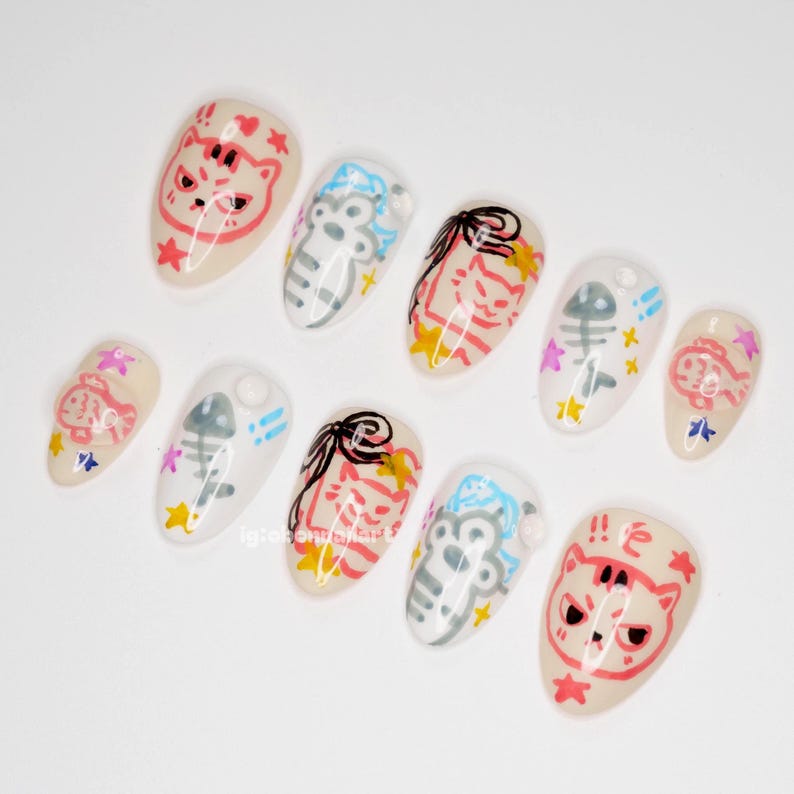 Angry Cat Doodle Press on Nails, Cartoon Fish Bone Nail Art, Funny ...