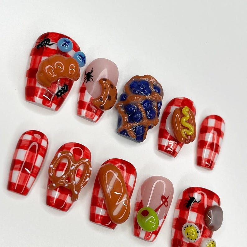 Picnic Feast Press on Nails, Cute Bread Hotdog Pretzel Nail Art, Red ...
