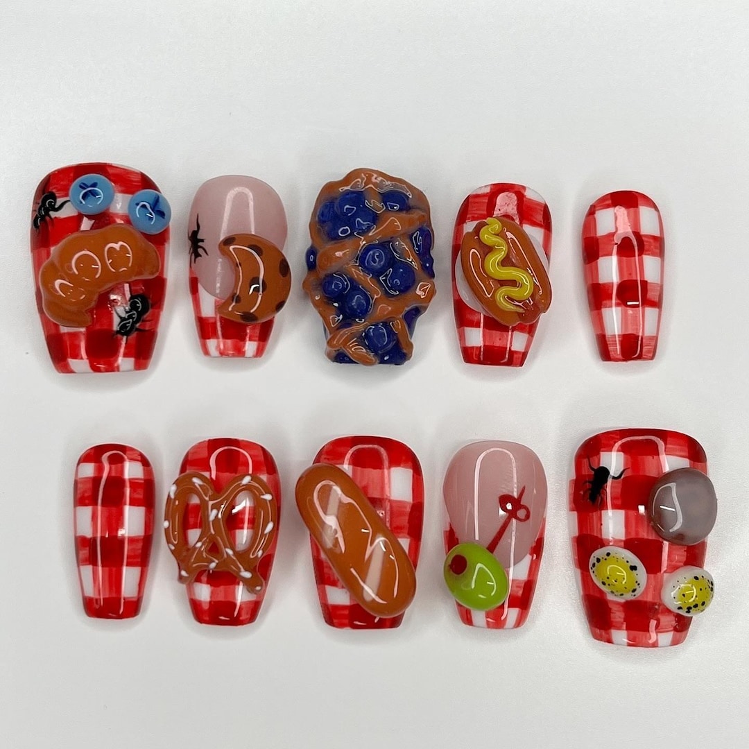 Picnic Feast Press on Nails, Cute Bread Hotdog Pretzel Nail Art, Red ...