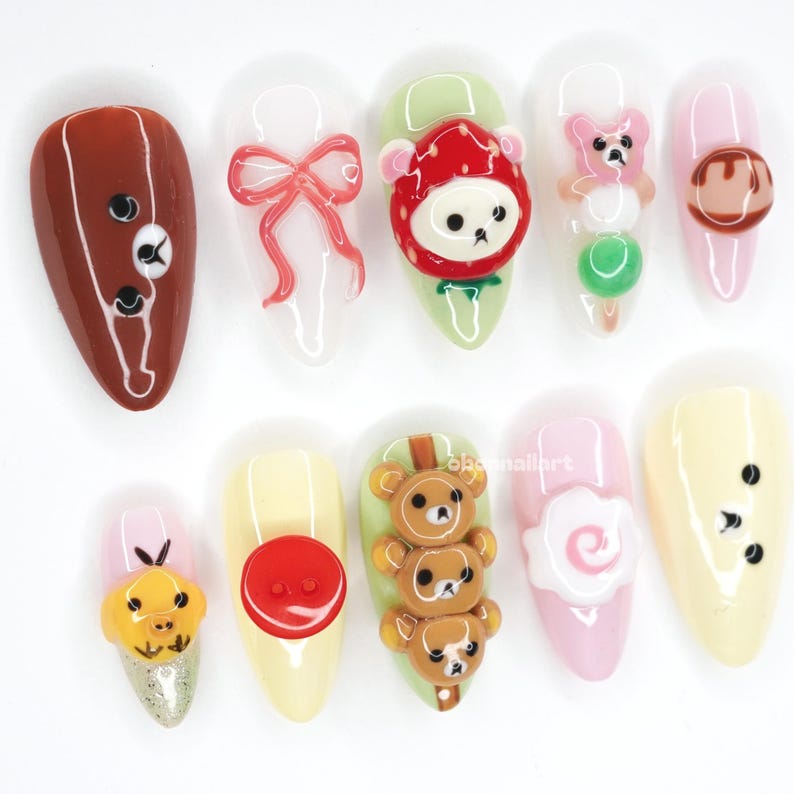 Kawaii Food & Animal Press on Nails, 3D Cute Character Nail Art With ...