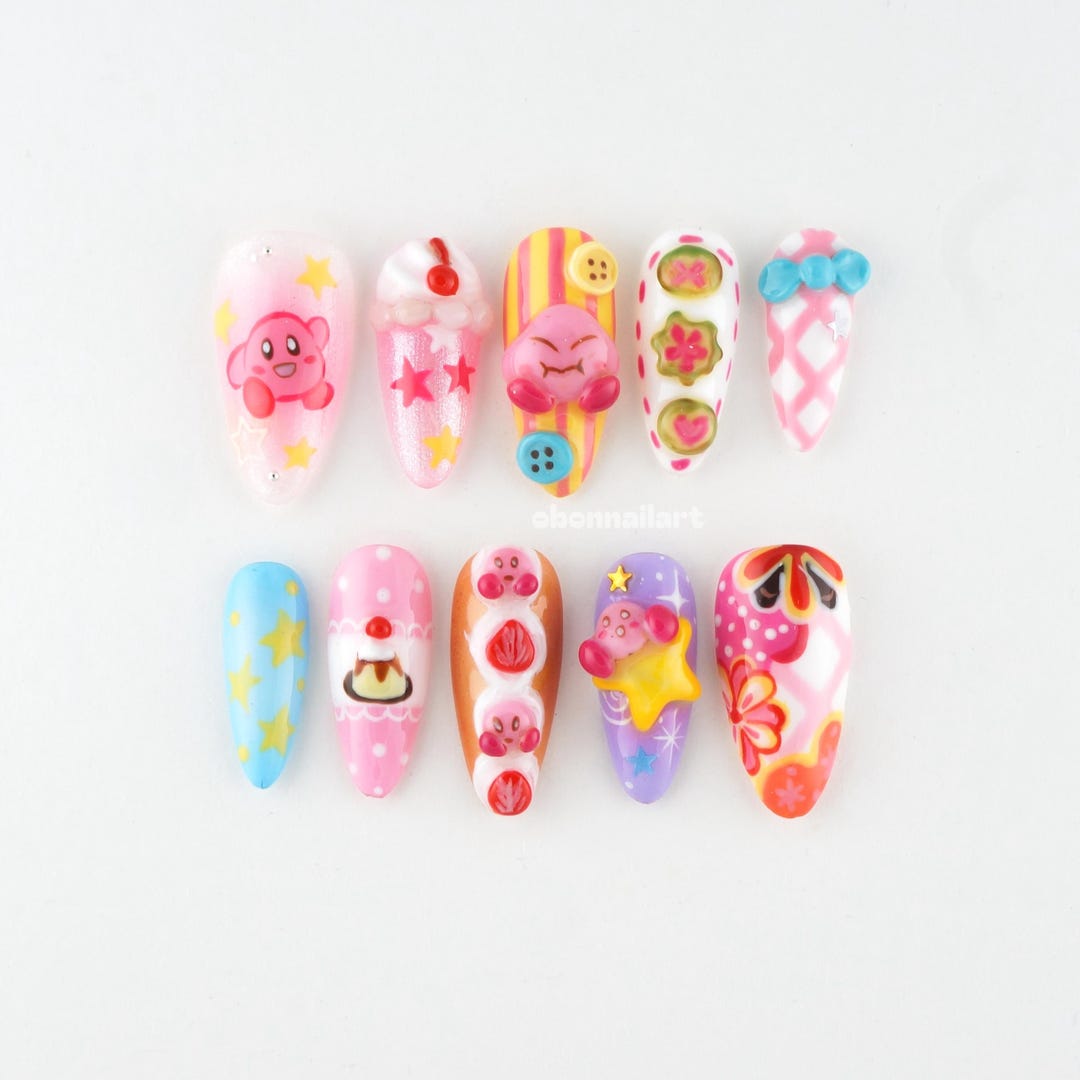 Kirby Kawaii Pastel Press On Nails, 3D Anime Nails, Cute Character ...