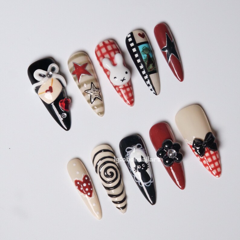 Gothic Cute Press on Nails, Star Bunny Cat Nail Art, Red Gingham Heart ...