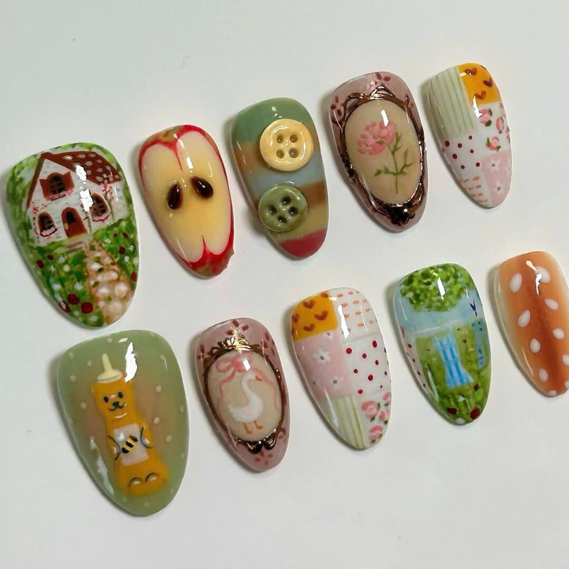 Cottagecore Press on Nails, Honey Apple Button Nail Art, Pastel Fairy ...