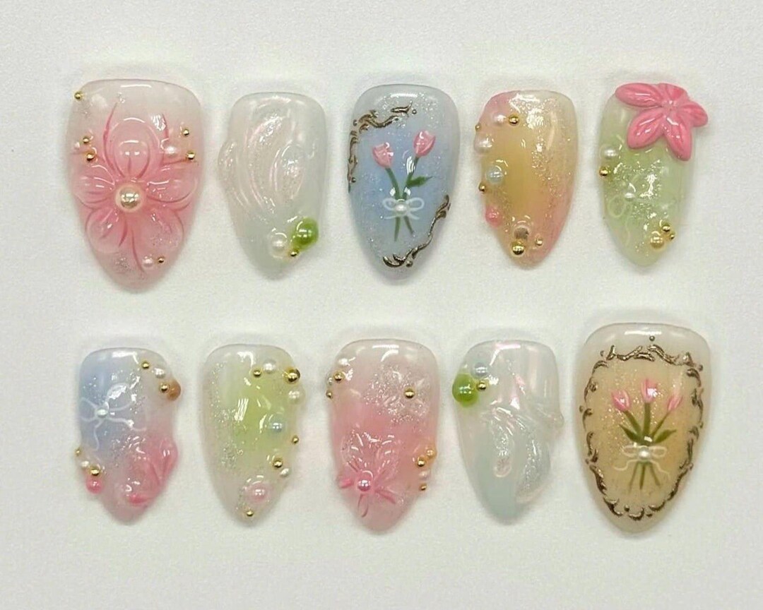 Spring Garden Press on Nails, Pastel Floral 3D Nail Art, Cute Pearly ...