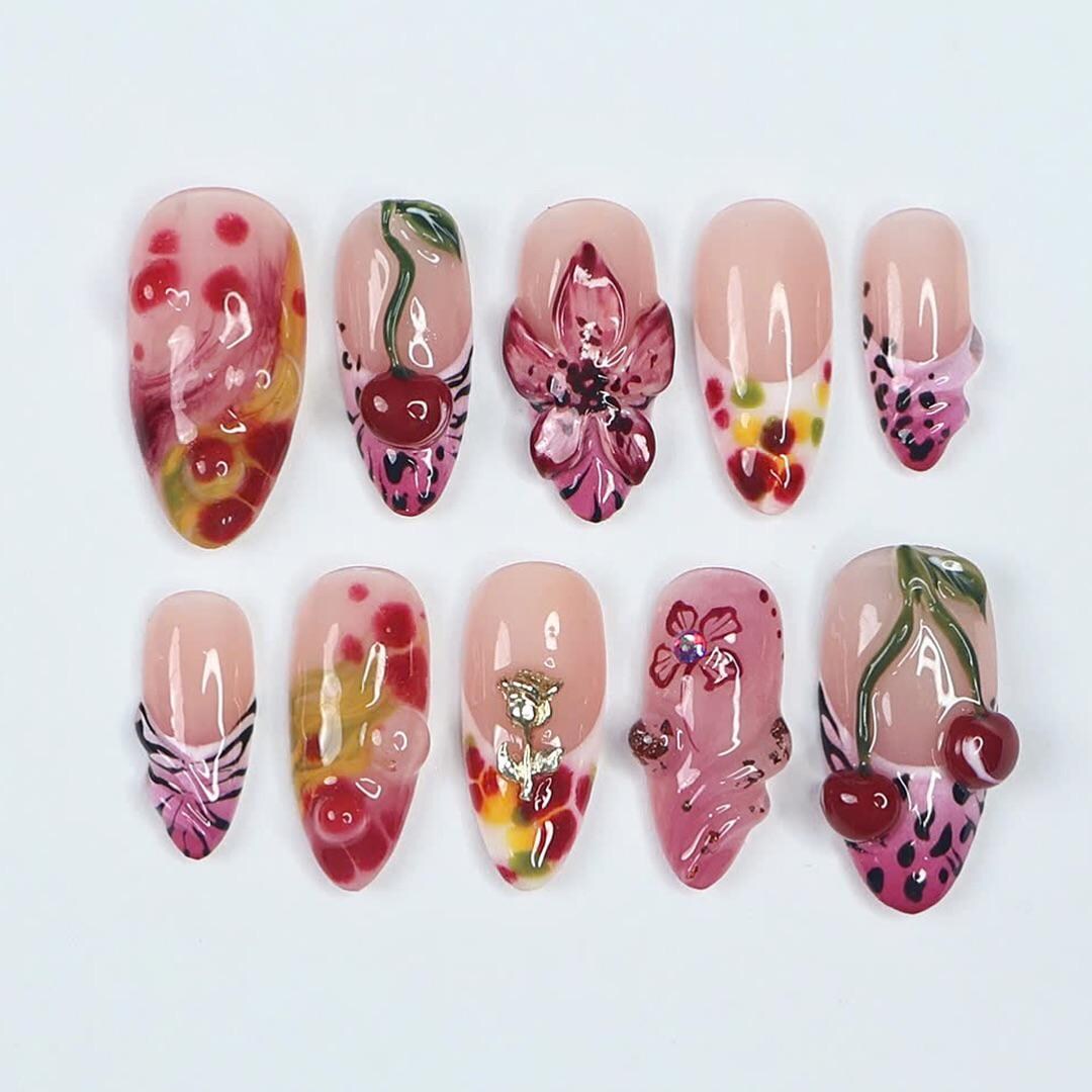 Cherry Bombshell | Hand-painted Art | Reusable Stick on Nails | Party ...