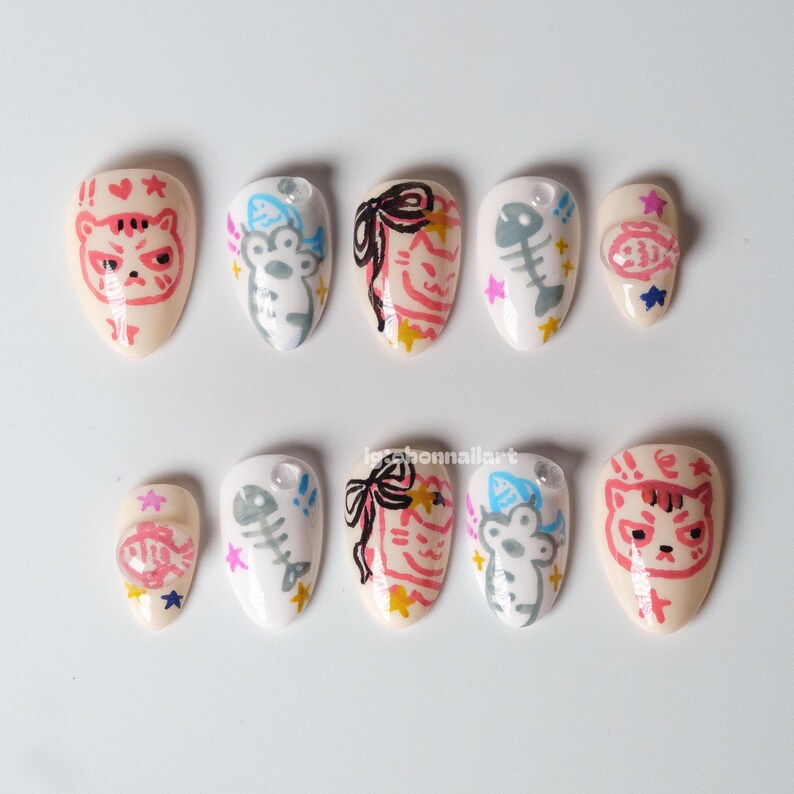 Angry Cat Doodle Press on Nails, Cartoon Fish Bone Nail Art, Funny ...