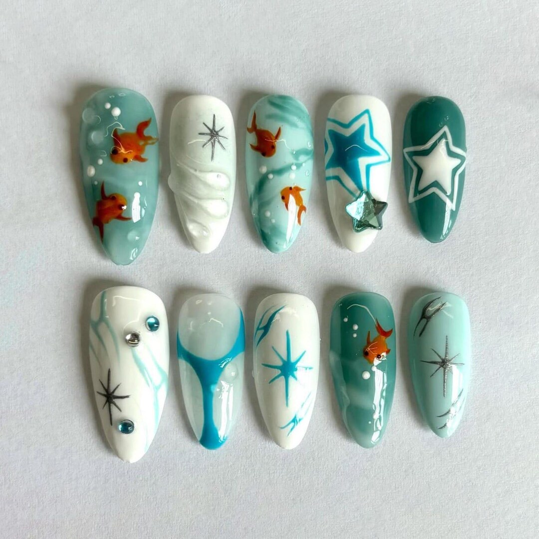 Teal Goldfish Press on Nails, Blue Starfish Ocean Nail Art, Aqua White ...