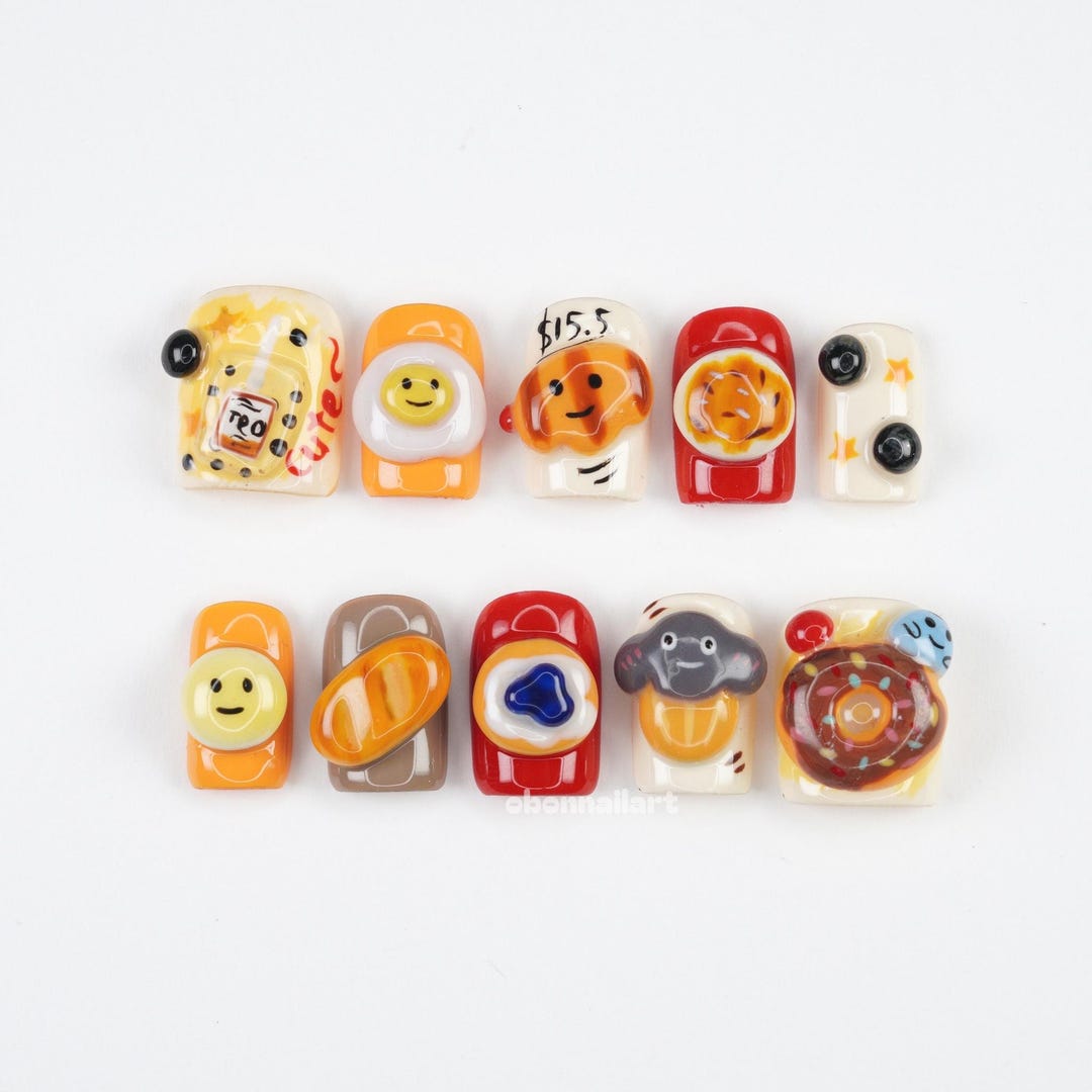 Cute Retro Breakfast Press on Nails, 3D Food Nail Art, Fun Cartoon ...