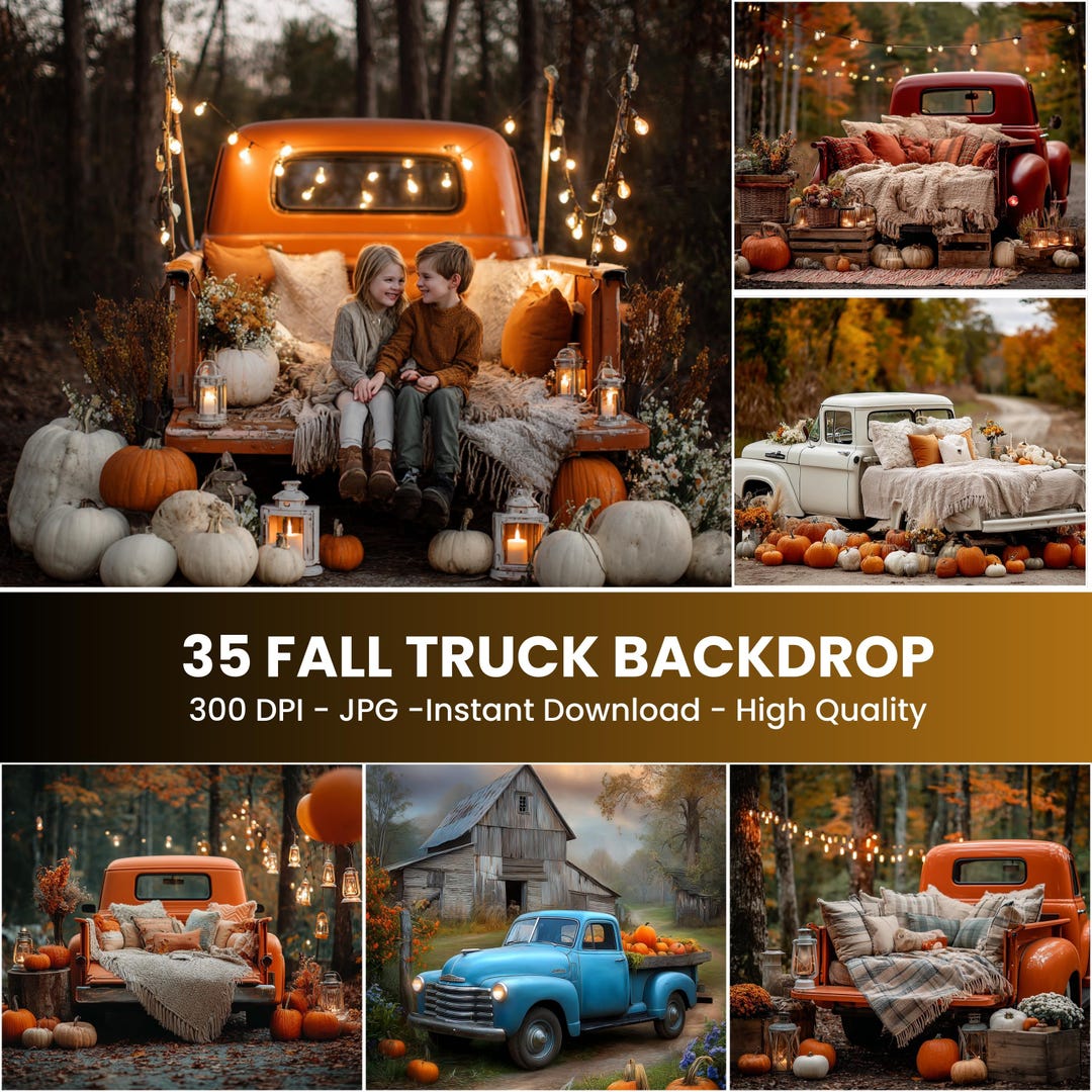 Vintage Truck Fall Backdrop Bundle: Autumn Field, Pumpkins (digital ...