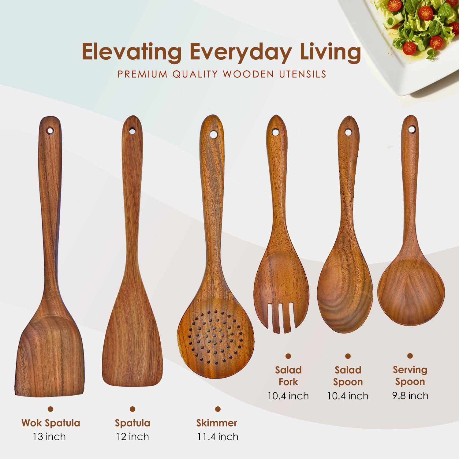 6 Piece Teak Wood Utensil Set, Natural Cooking Spoons & Spatulas for ...