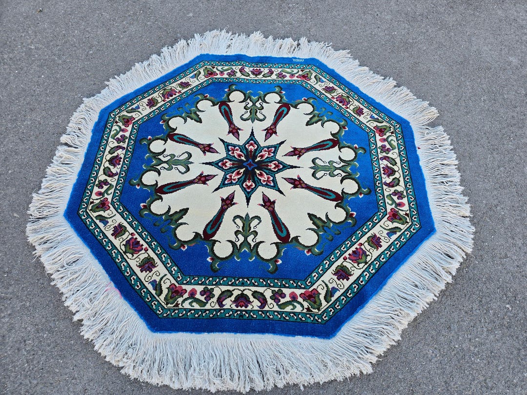 5 Ft Octagon Navy Blue Floral Rose Vintage Area Rug Handwoven Octagonal ...
