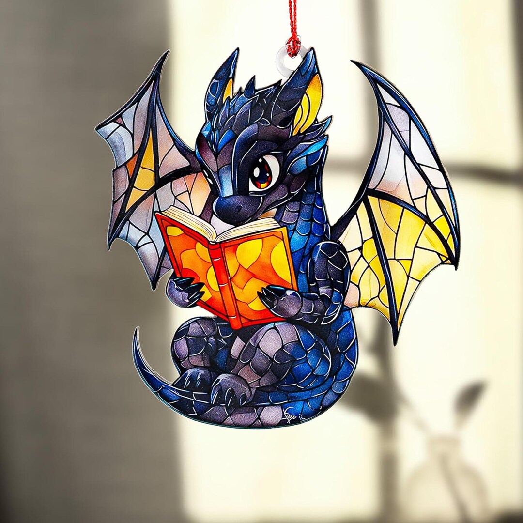 Cute Dragon Suncatcher, Acrylic Book Lover Gift, Fantasy Reader, Black ...