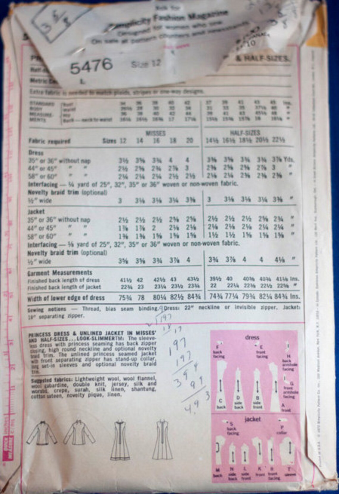 1970s Princess Dress and Unlined Jacket Simplicity 5476 Size 12 Bust 34 ...