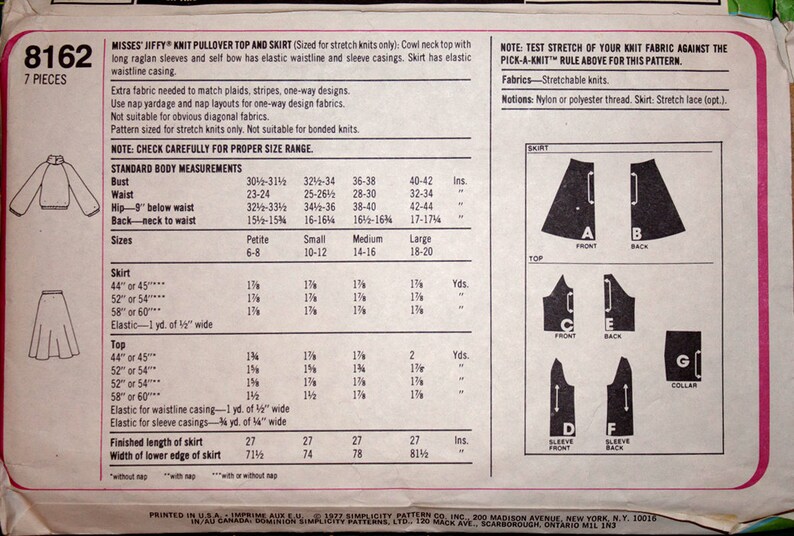 Simplicity 8162 Misses' Jiffy Knit Pullover Top and Skirt Pattern Size ...