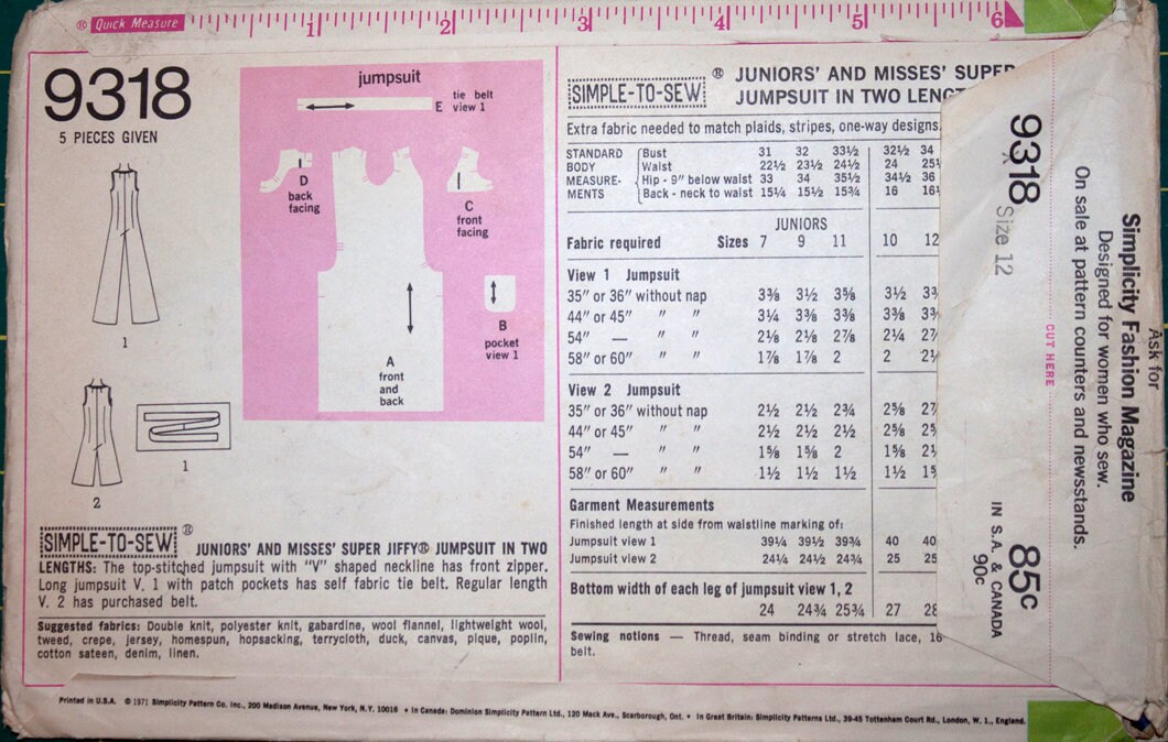 Simplicity 9318, Juniors' and Misses' Super Jiffy Jumpsuit Pattern in ...