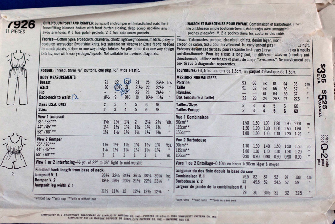 1980s Child's Jumpsuit and Romper Pattern Simplicity 7926 Size 5-6x - Etsy