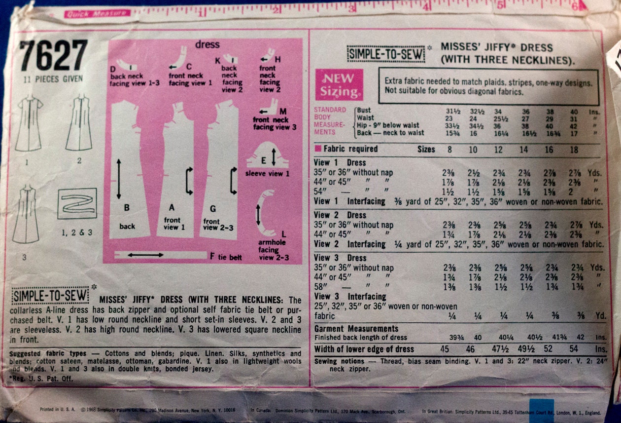 1960's Ladies Mod Dress Pattern With 3 Necklines. Simplicity 7627 Size ...