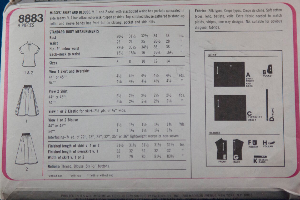 1970s Womens Skirt and Blouse Pattern Simplicity 8883 Size 12 Bust 34 ...