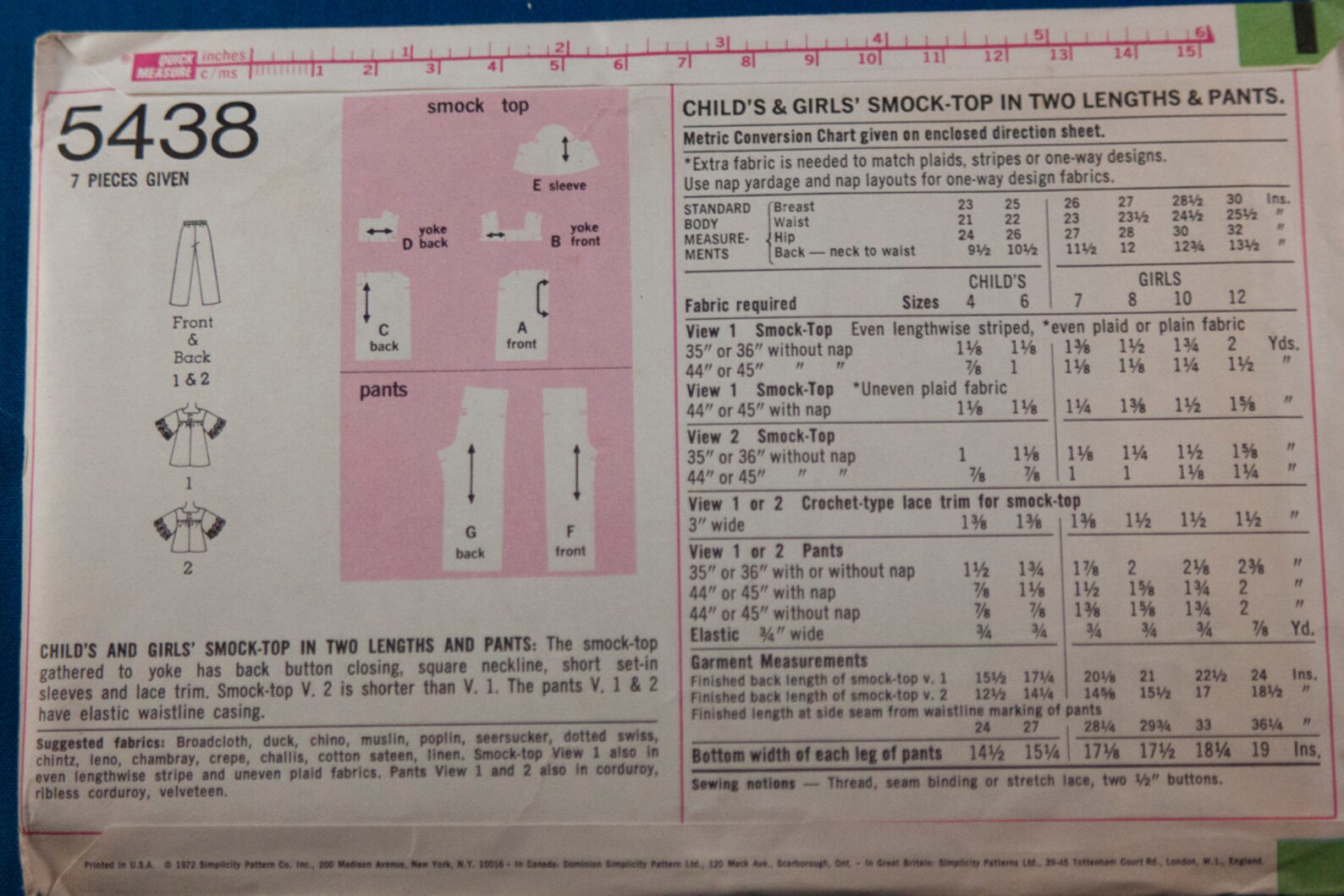 Vintage 1970s Childrens Pattern -- Simplicity Girls Smock Top and Pants ...