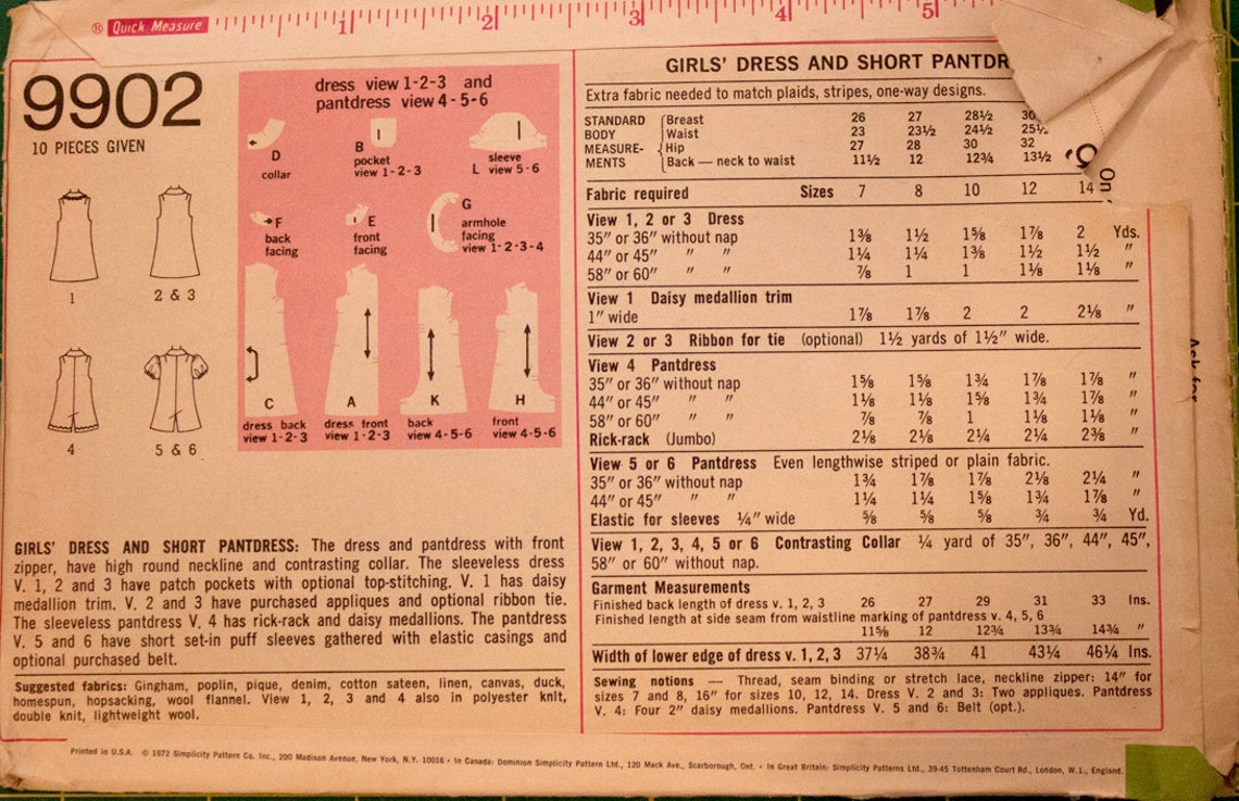 Simplicity 9902 Girls' Dress and Short Pantdress/playsuit Pattern Size ...
