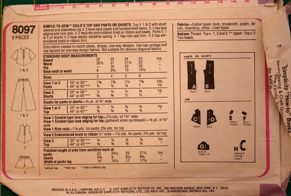 Simplicity 8097, Child's Top and Pants or Shorts Pattern Size 5/6 - Etsy