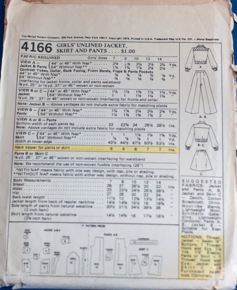 Mccall's 4166, Girls' Unlined Jacket, Skirt, and Pants Pattern Size 8 ...