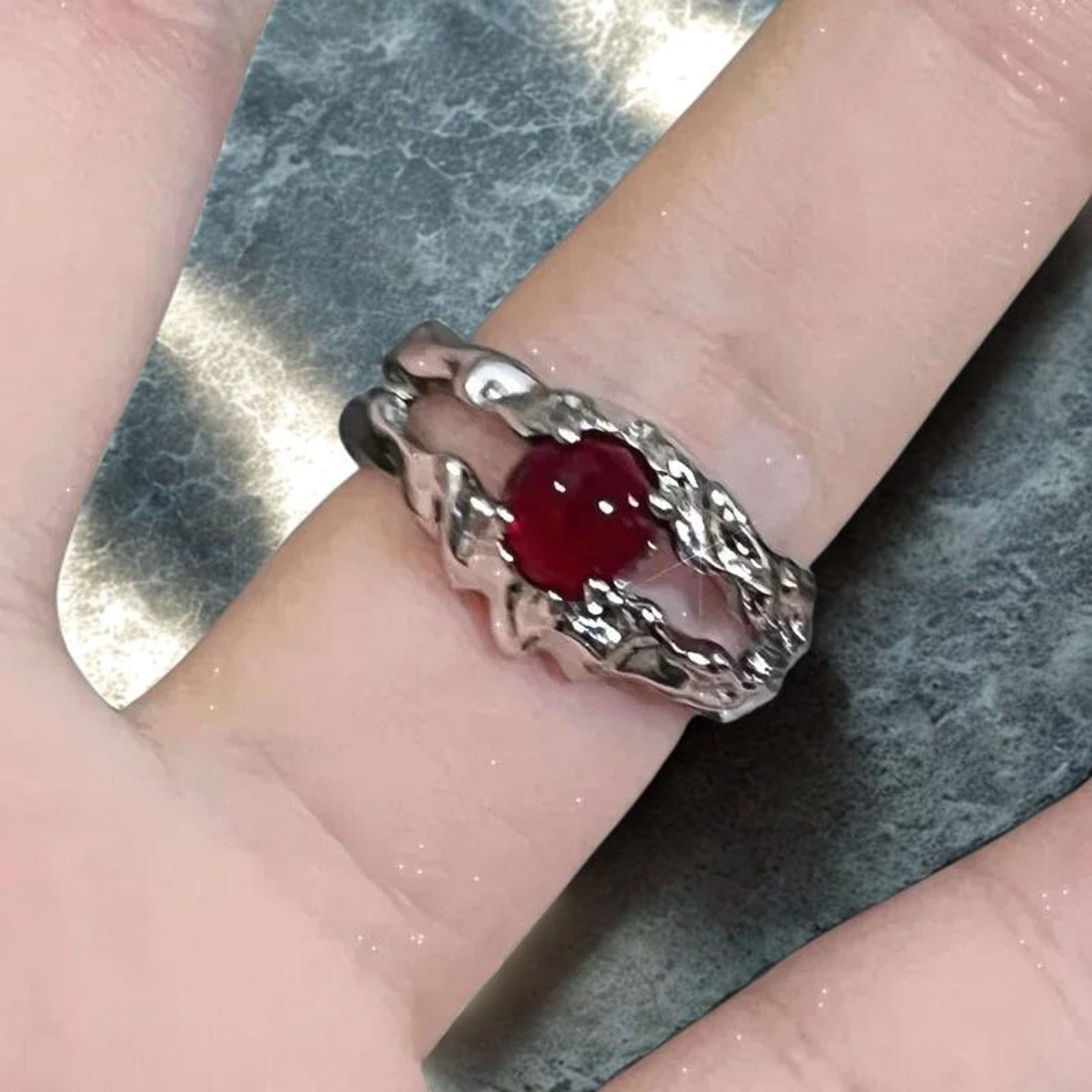 Goth Punk Retro Red Crystal Love Heart Cross Ring Set | Y2K Open Irregular Adjustable Rings for ...