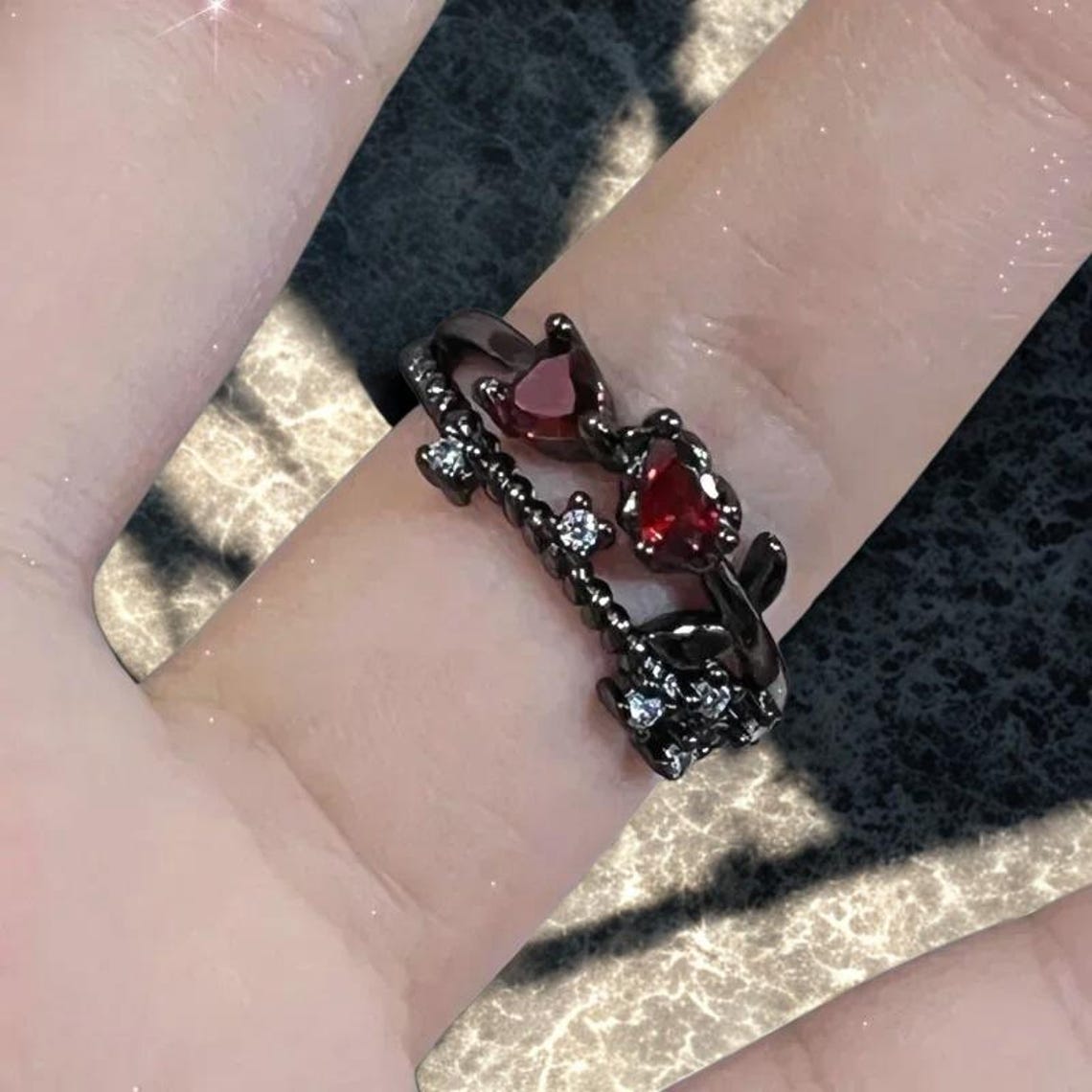Goth Punk Retro Red Crystal Love Heart Cross Ring Set | Y2K Open Irregular Adjustable Rings for ...