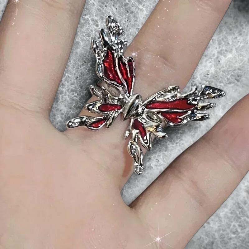 Goth Punk Retro Red Crystal Love Heart Cross Ring Set | Y2K Open Irregular Adjustable Rings for ...