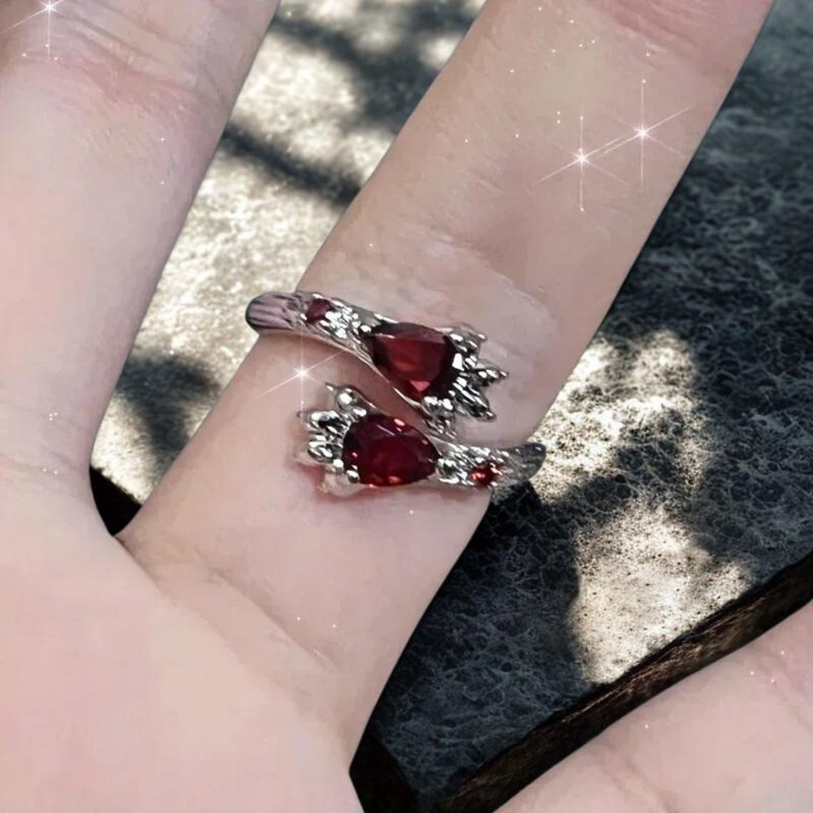 Goth Punk Retro Red Crystal Love Heart Cross Ring Set | Y2K Open Irregular Adjustable Rings for ...