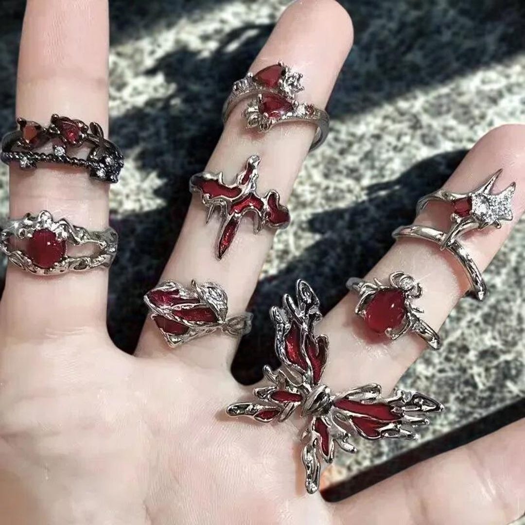 Goth Punk Retro Red Crystal Love Heart Cross Ring Set | Y2K Open Irregular Adjustable Rings for ...