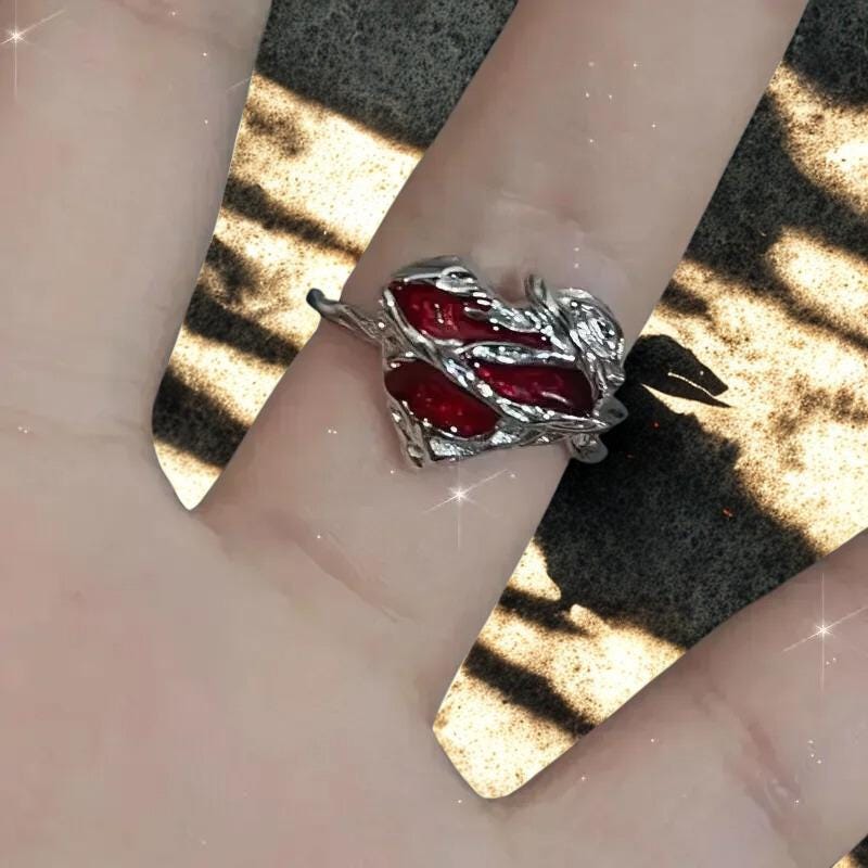 Goth Punk Retro Red Crystal Love Heart Cross Ring Set | Y2K Open Irregular Adjustable Rings for ...