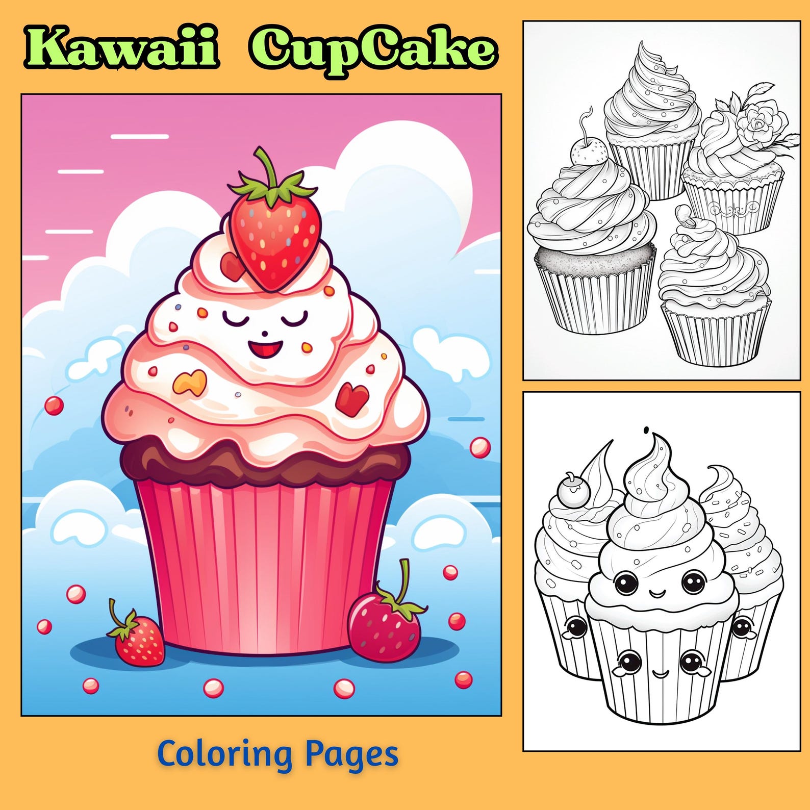 Kawaii Cupcake Coloring Pages, Kawaii Coloring Book, Kawaii Cupcake ...