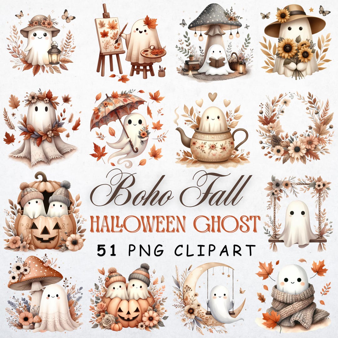 Vintage Fall Ghost Clipart Bundle | Boho Autumn Ghosts With Flowers ...