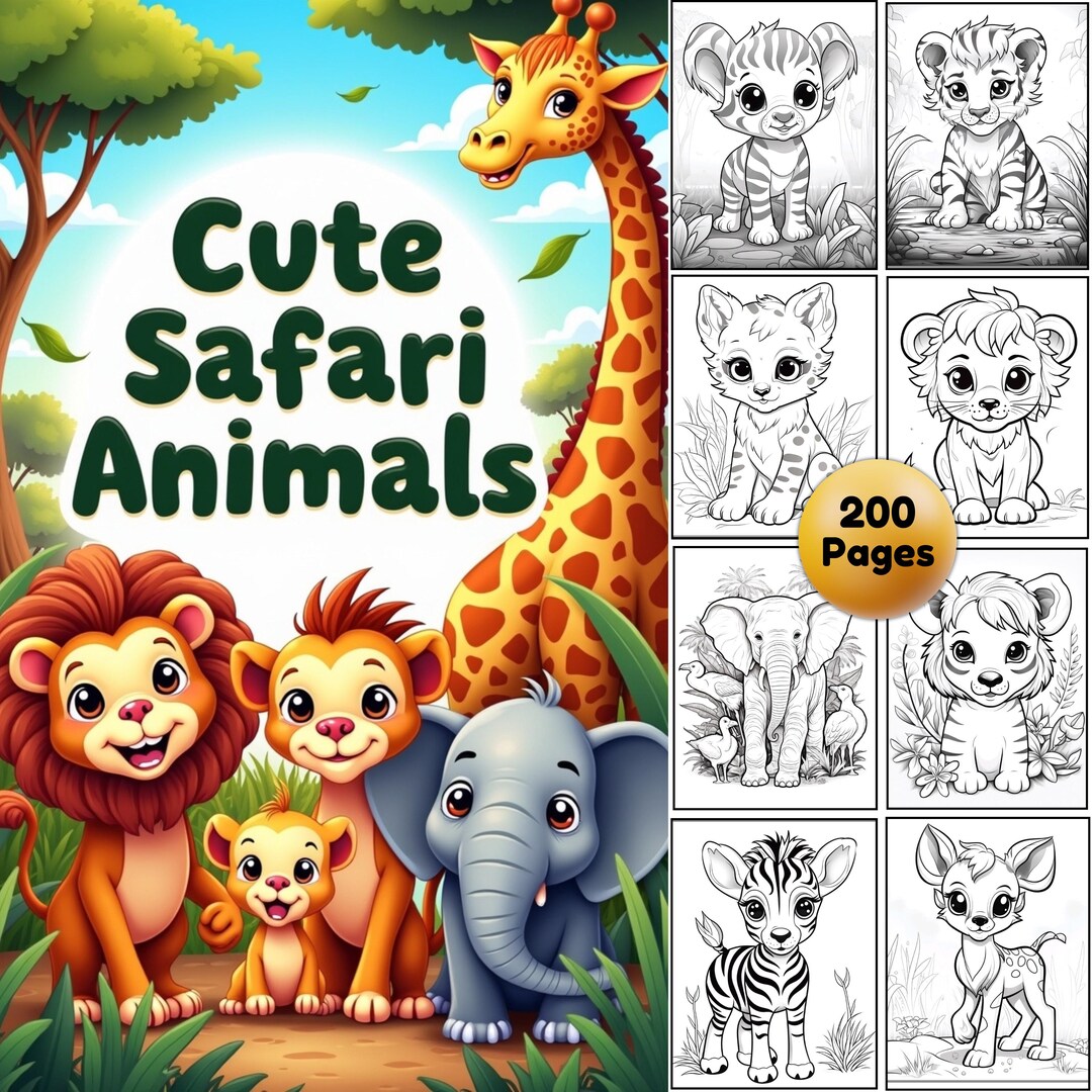 Cute Safari Animals Coloring Book for Kids, Easy Coloring Pages for ...