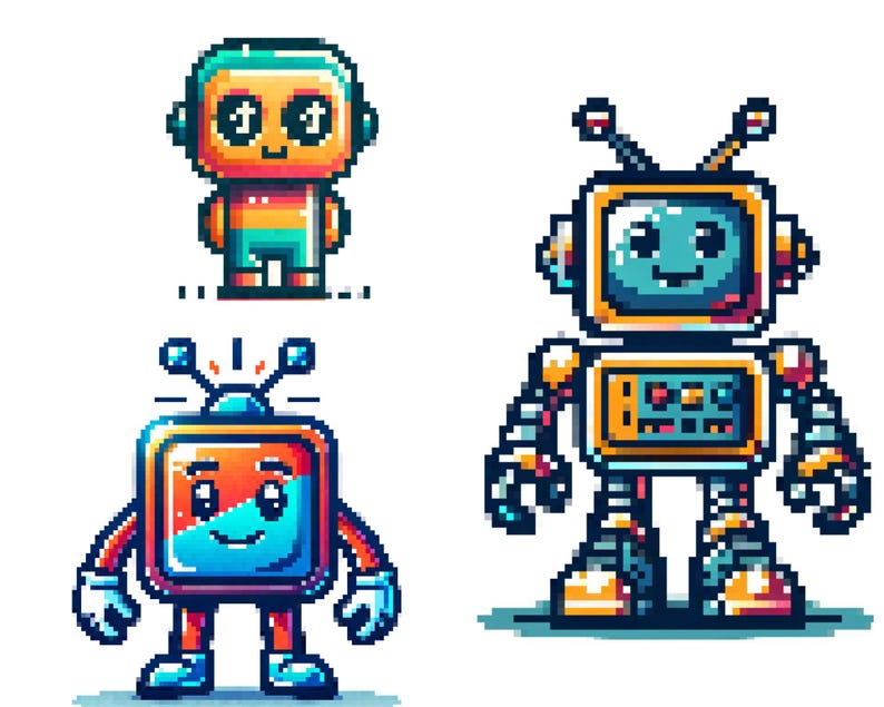 Pixel Art Style Robot Printable Sticker Designs PNG and SVG, 10 Unique ...