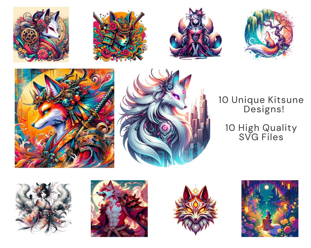 10 Unique Kitsune SVG Digital Design for Sublimation, Japanese Fox ...
