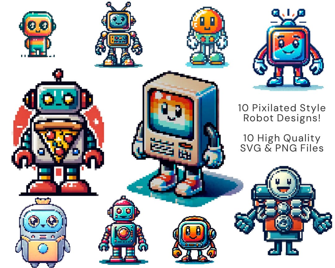 Pixel Art Style Robot Designs PNG and SVG, 10 Unique Retro Art Style ...