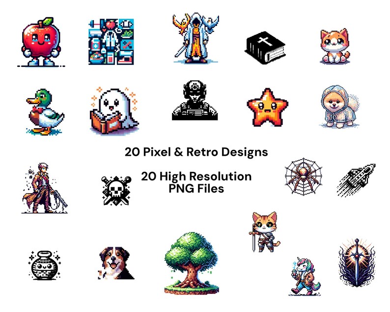 20 Assorted Pixel Art Syle PNG, Digital Design for Stickers, Tshirts ...
