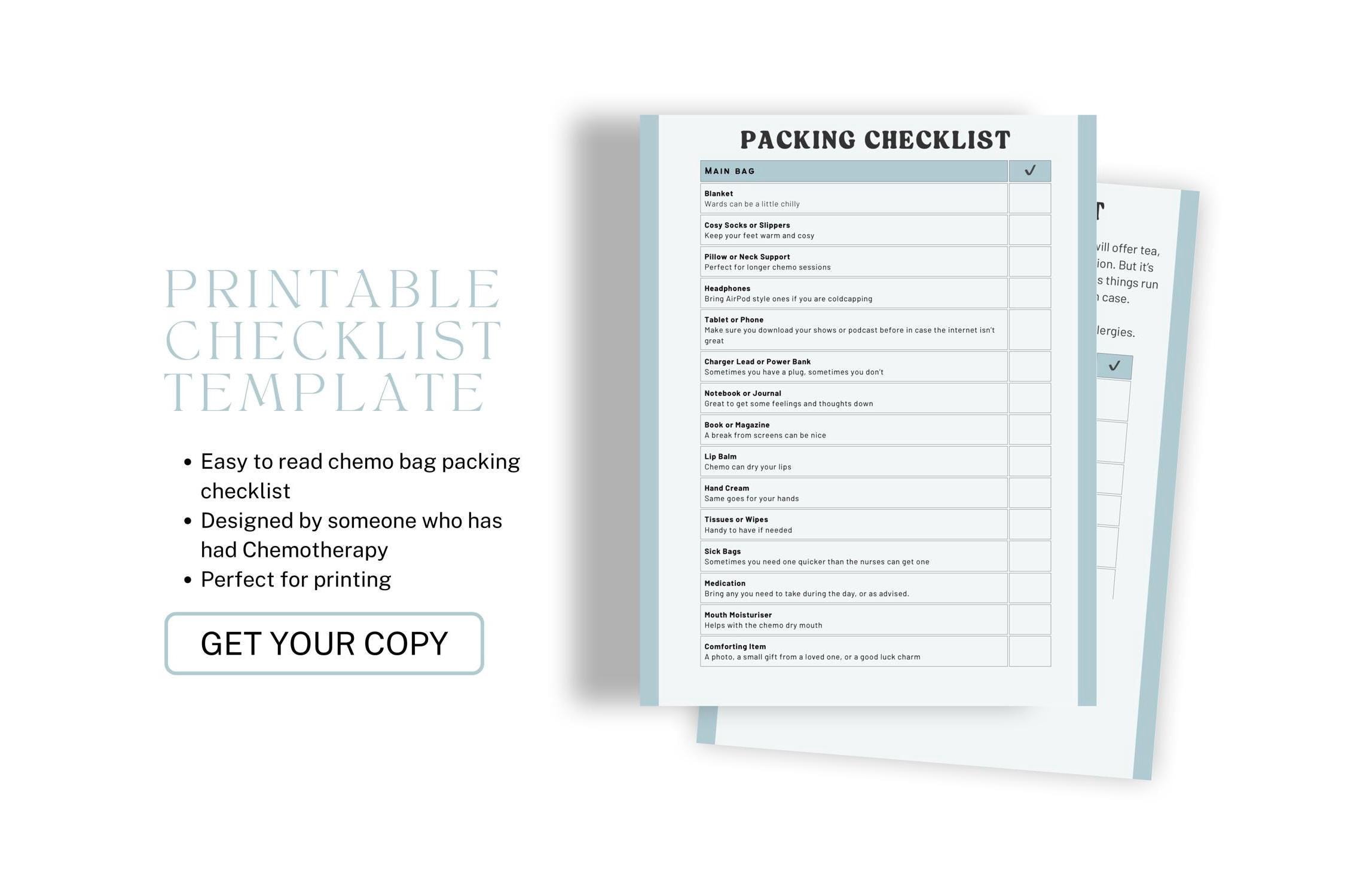 Printable Chemotherapy Packing List | Chemo Bag List | Cancer Treatment ...