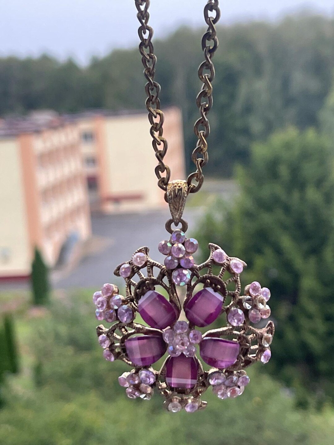 Vintage Bronze Pendant Necklace With Purple Gemstones and Filigree ...