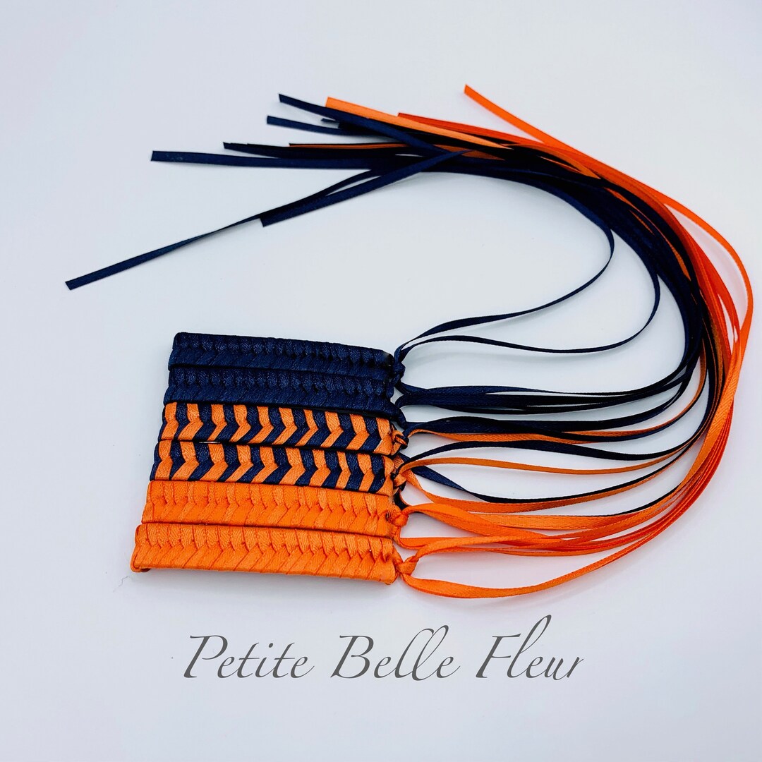 80s Retro Braided Satin Ribbon Barrettes Navy and Orange Braided Ribbon ...