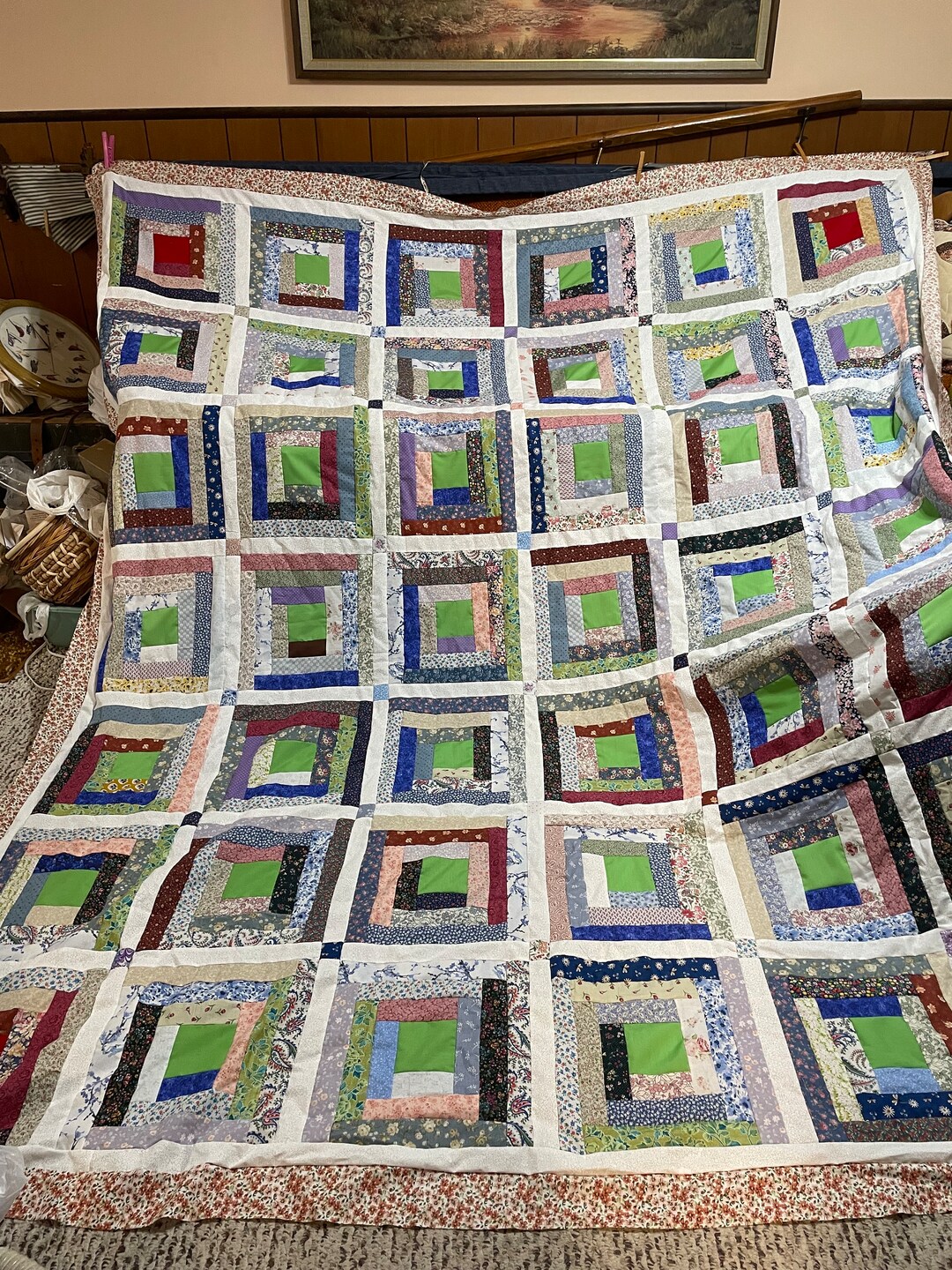 Scrappy Log Cabin Quilt Top; 92x106 Inches. Made in Non-smoking/pet ...