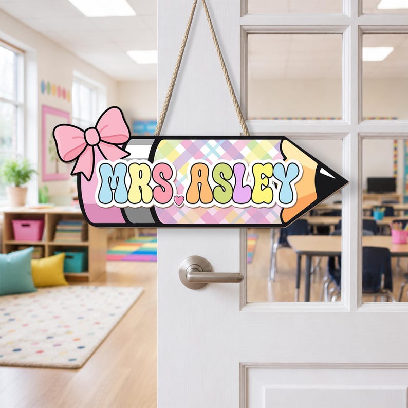 Custom Pencil Teacher 3D Door Sign, Personalized Teacher Name Hanger ...